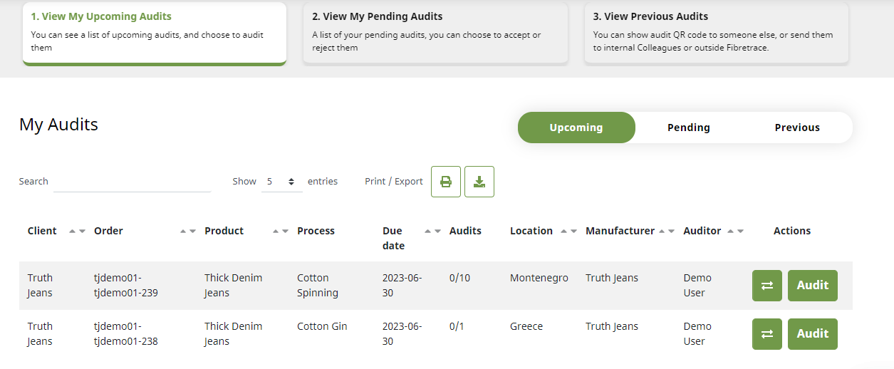 Upcoming, Pending and Previous Audits – FibreTrace Help Centre