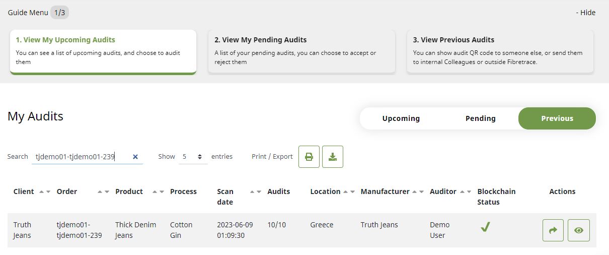 Upcoming, Pending and Previous Audits – FibreTrace Help Centre